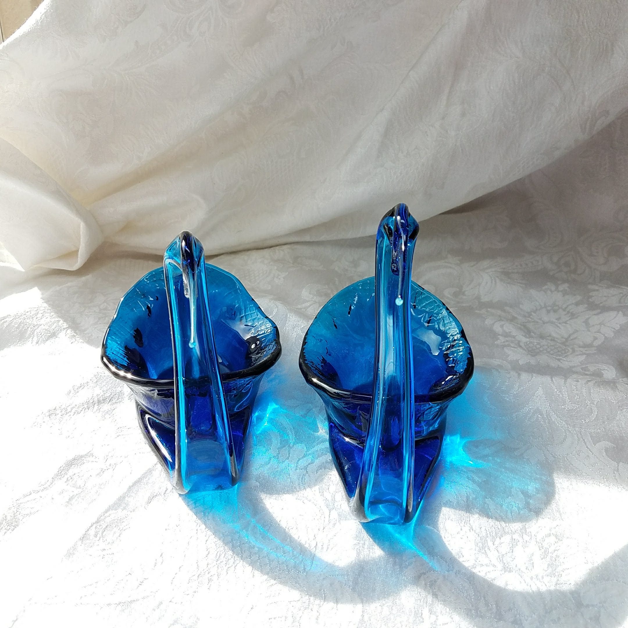 Vintage Hand Blown Blue Glass Swan Bowls, Bluenique Art Glass Swan ...