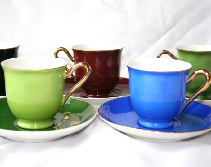 Vintage Multi Colored Tea Cup Saucer Set, Set of 5 Multi Color ...