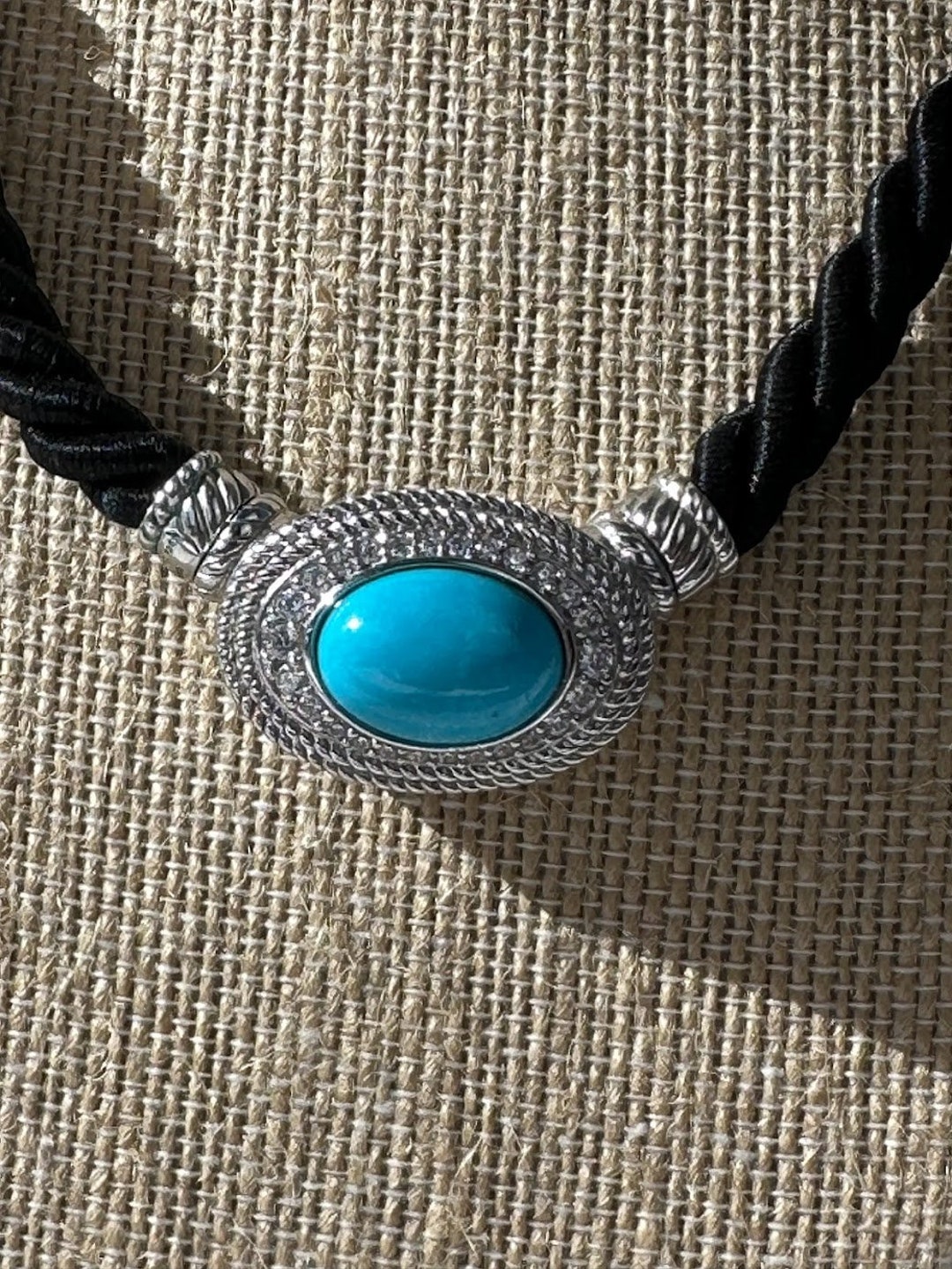 Vintage Judith Ripka Turquoise Black Braided Silk Cord Choker Sterling ...