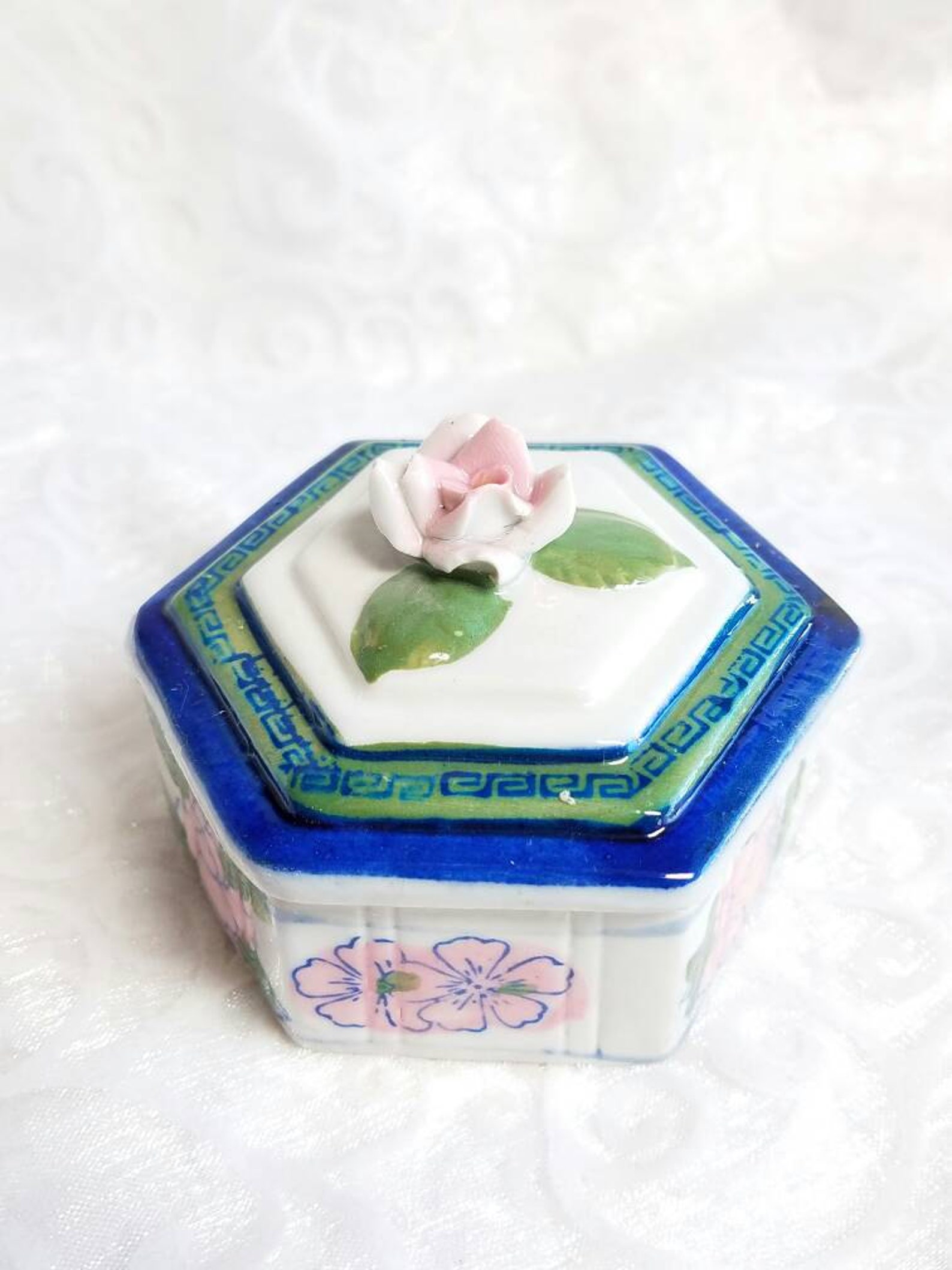 Vintage Porcelain Rose Trinket Box, Rose Hexagon Porcelain Box ...