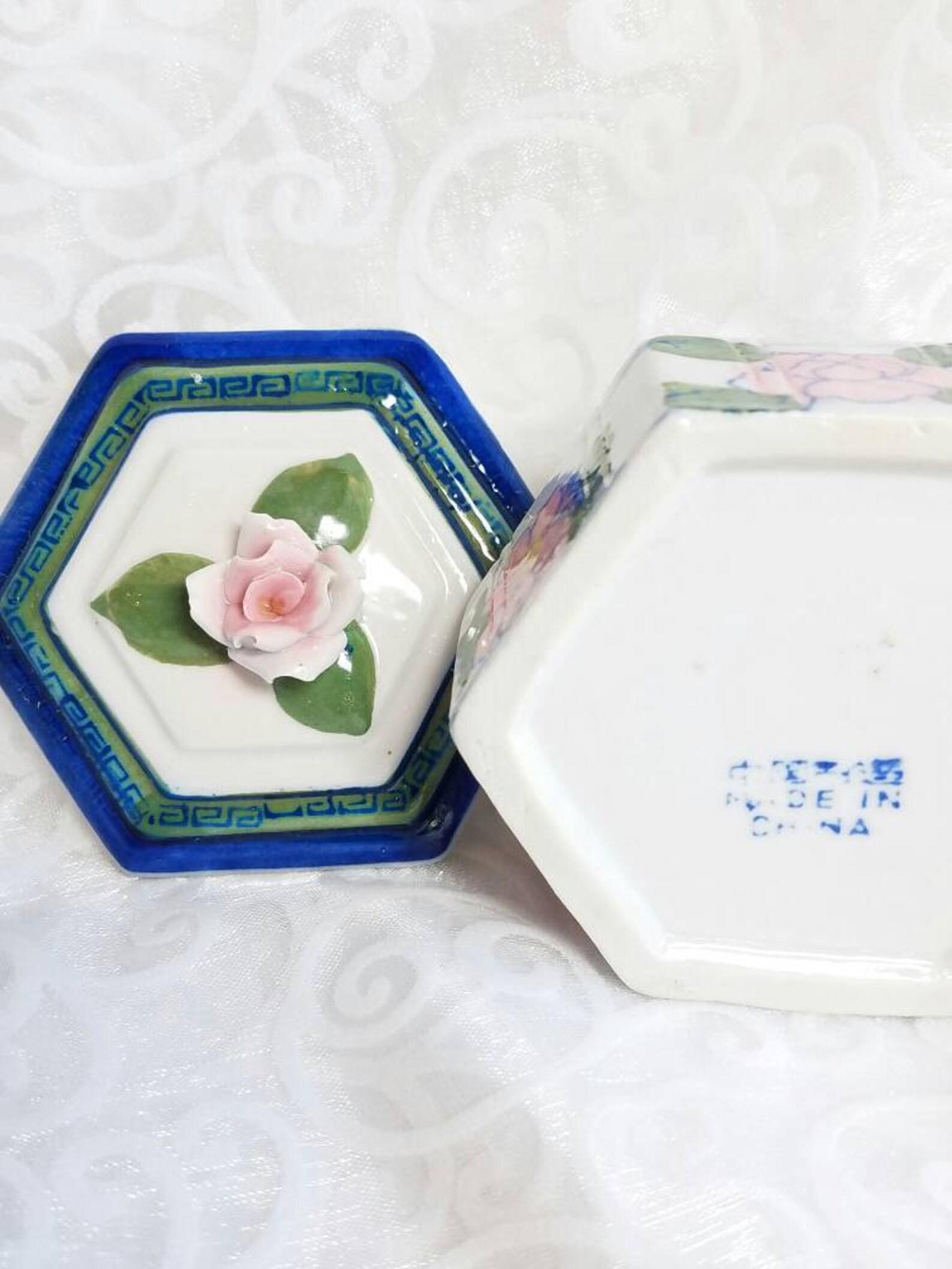 Vintage Porcelain Rose Trinket Box, Rose Hexagon Porcelain Box ...