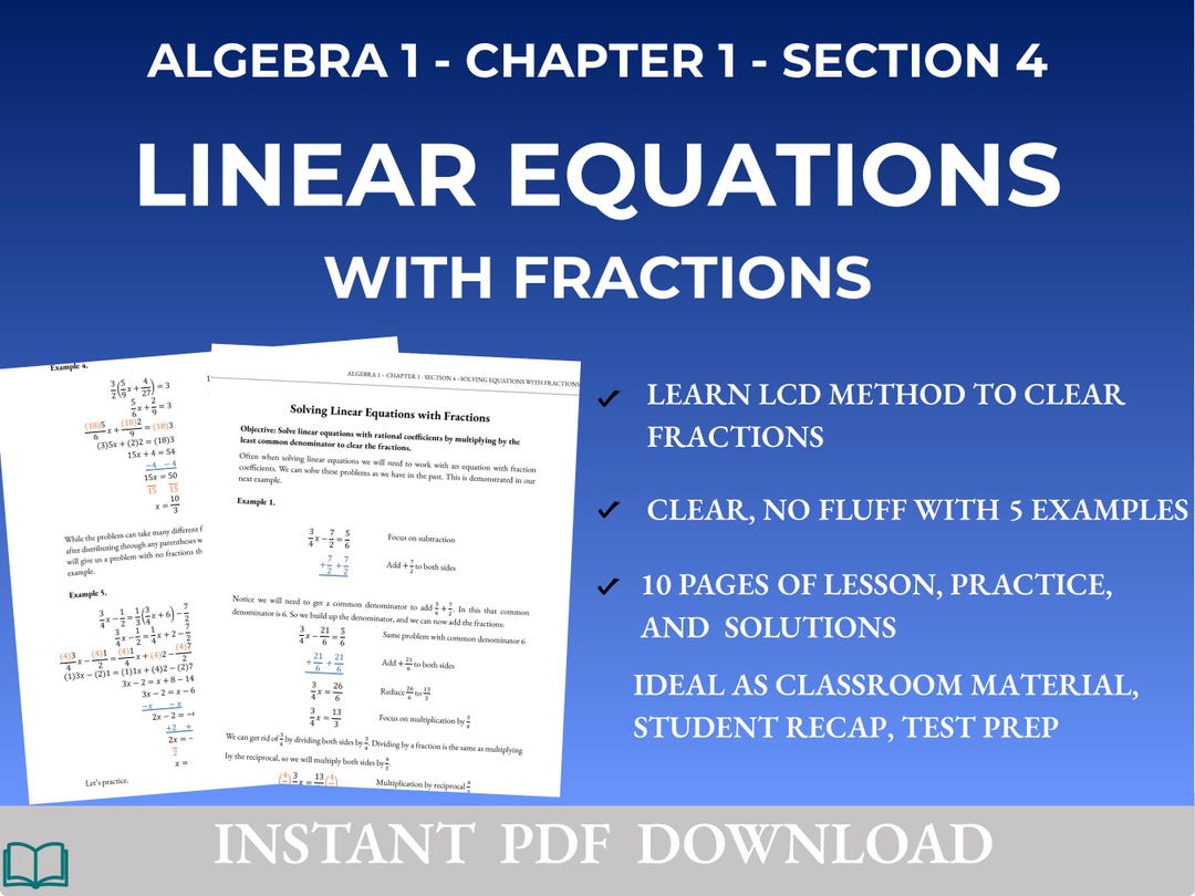 Linear Equations With Fractions Study Guide: LCD Method, 10 Pages With ...