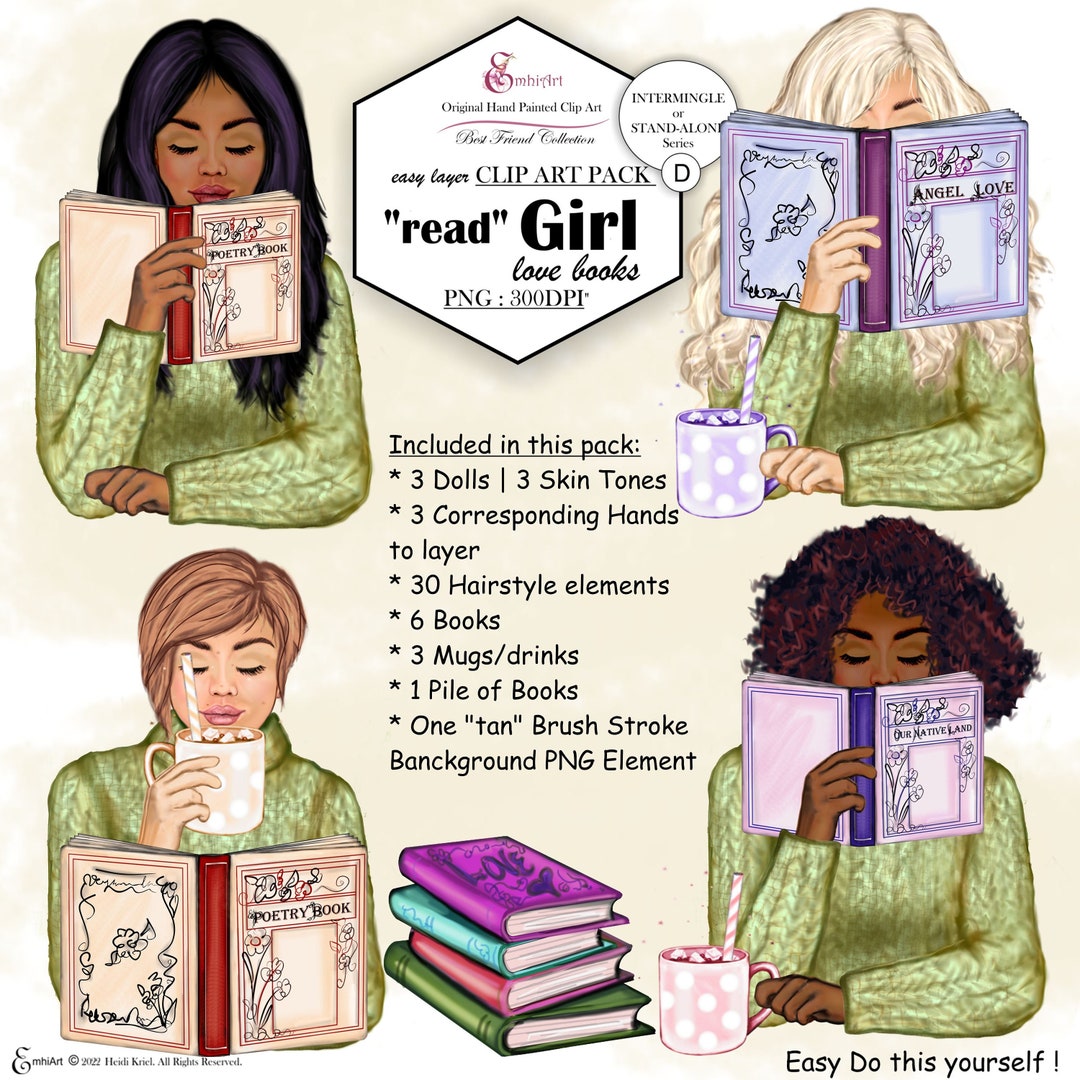 Book Lover Girl Clipart Bundle: Custom Hair, Skin, Mugs (PNG Digital ...