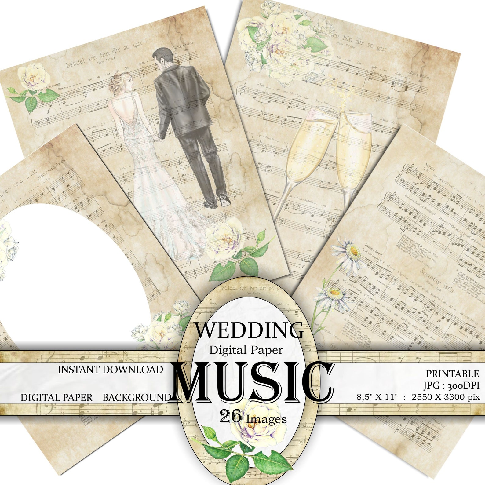 Wedding Music PAPER BACKGROUND Digital Pack.music Notes.faded - Etsy