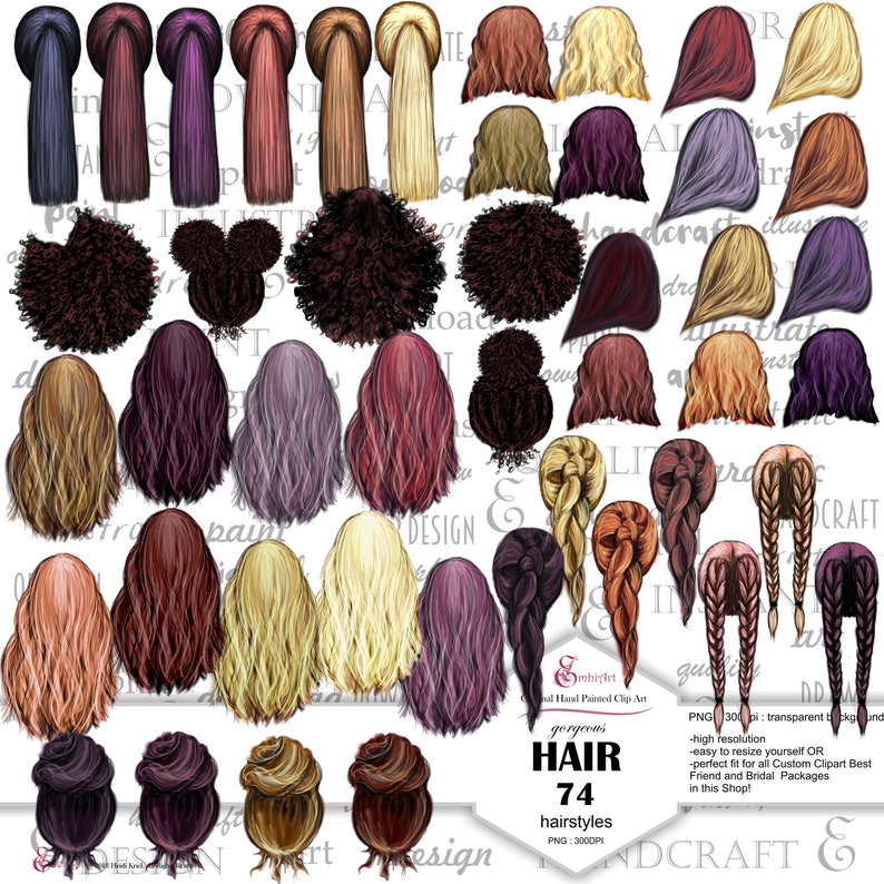 Hair Clip Art Pack. 74 Hairstyles Hand Drawn. Original. All | Etsy