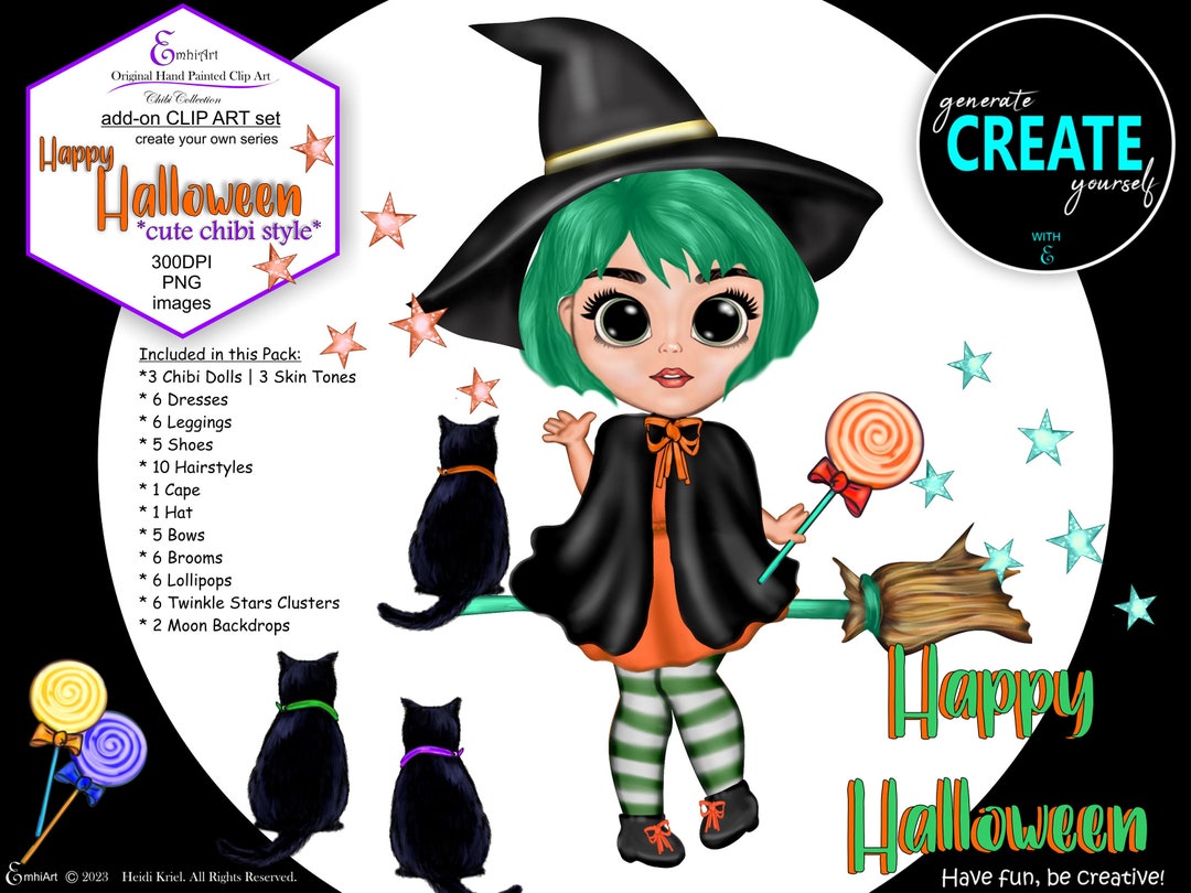 CHIBI Halloween Witches Cute Custom Clipart Bundle.custom Skin, Hair ...