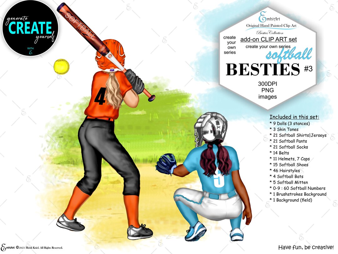 Softball No 3 Best Friends Clipart Bundle.custom Skin and Hair.catcher ...