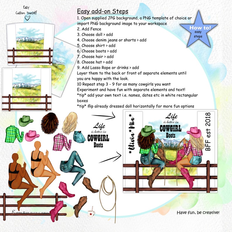 Cowgirl Custom Add-on Clip Art Pack.hand Painted - Etsy