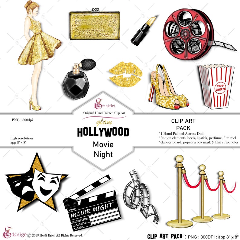 Movie Night Clipart hand Drawn Hollywoodawardsglitter - Etsy