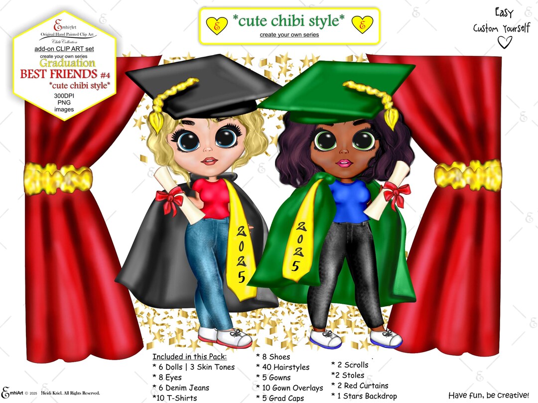 Chibi Cute Graduation Custom Clipart Bundle.cute Hairstyles, 3 Skin ...