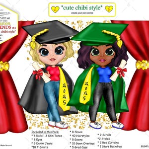 Chibi Cute Graduation Custom Clipart Bundle.cute Hairstyles, 3 Skin ...
