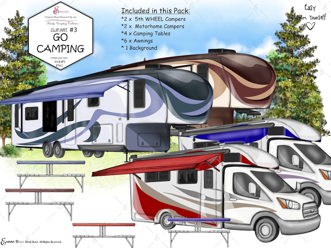 RV Camper Clip Art Bundle: Motorhomes, 5th Wheel, Awnings (PNG Digital ...