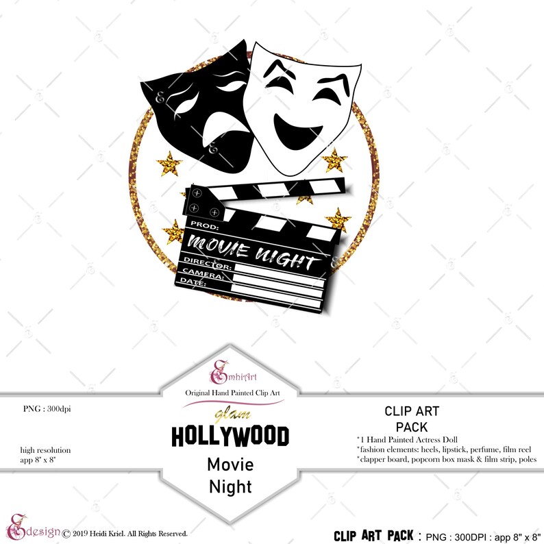 Movie Night Clipart hand Drawn Hollywoodawardsglitter - Etsy