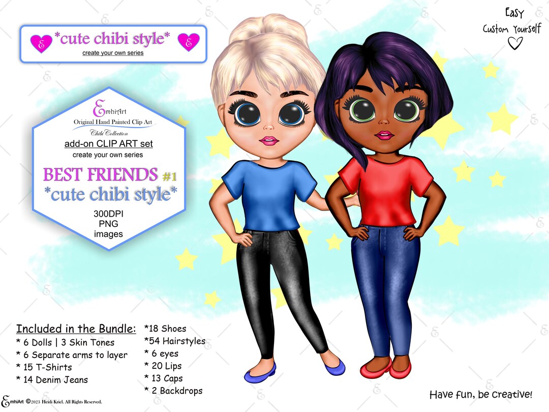 Best Friend Cute Chibi Style Clipart Bundle.custom Skin Hair - Etsy