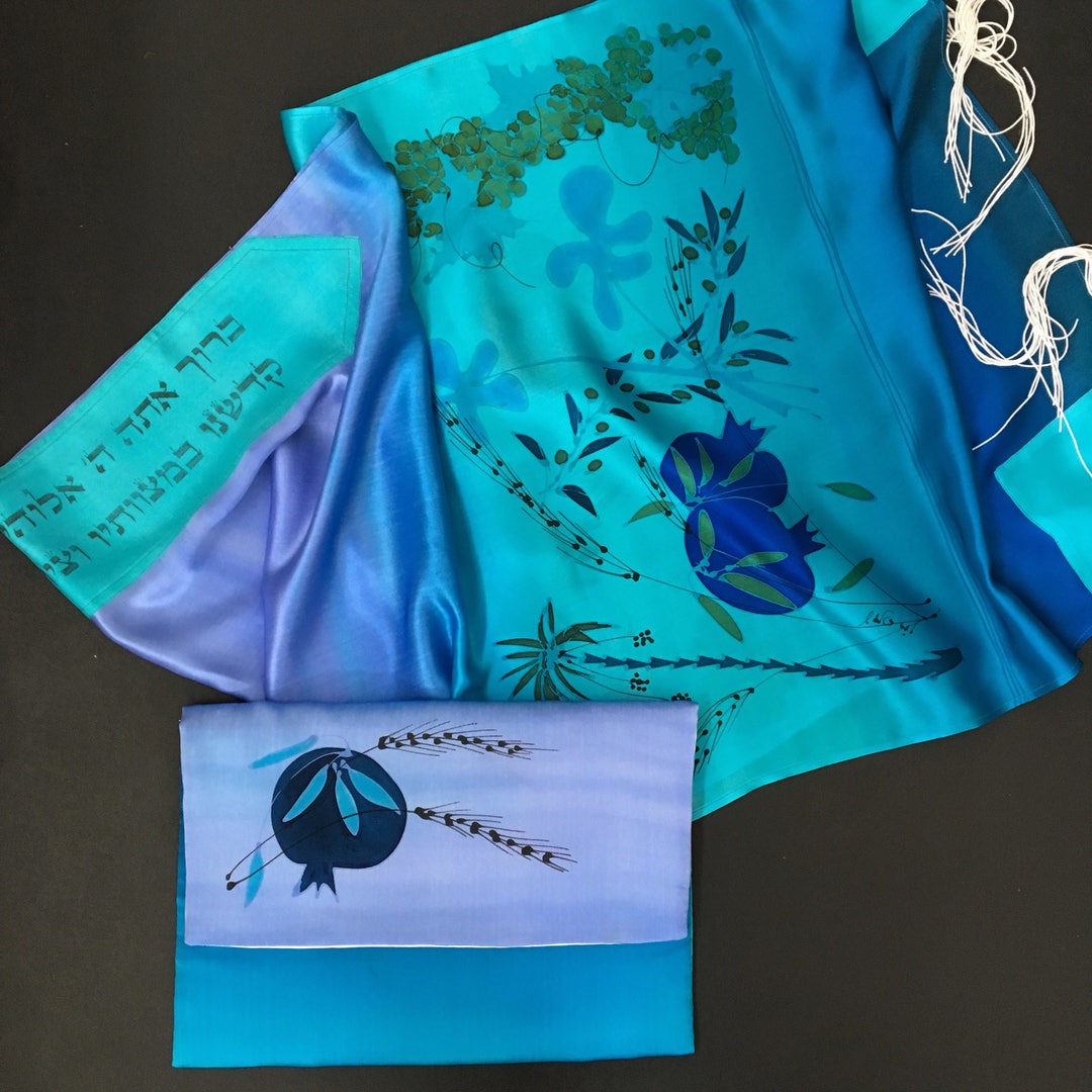 Blue and Purple Colors Tallit, Women's Hand Painted Silk Prayer Shawl ...