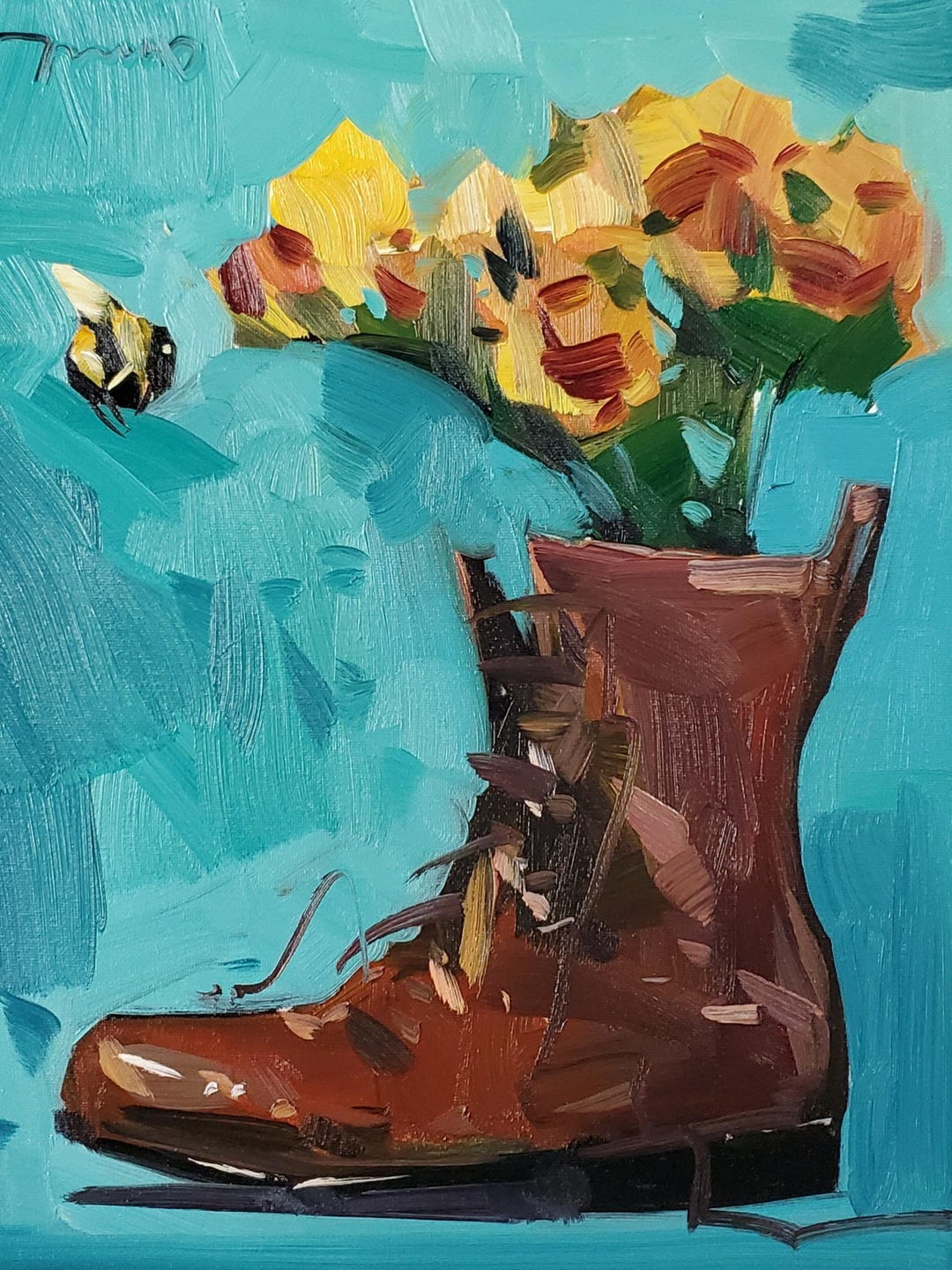 Brown Boot Flowers Still Life Art PRINT of Painting by Original Artist ...