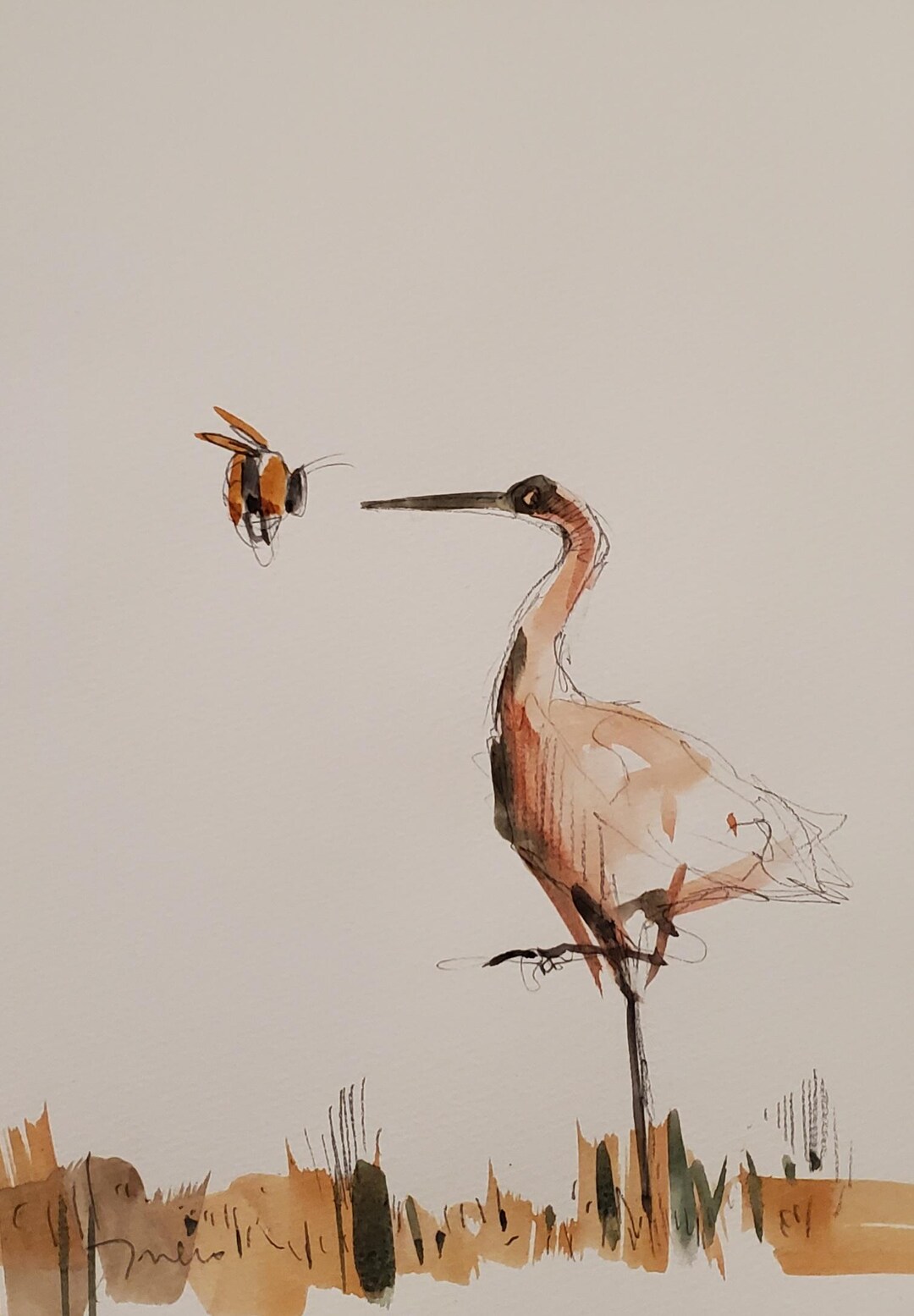 Minimalist Crane Bee Art PRINT of an Watercolor Painting by Artist Jose ...