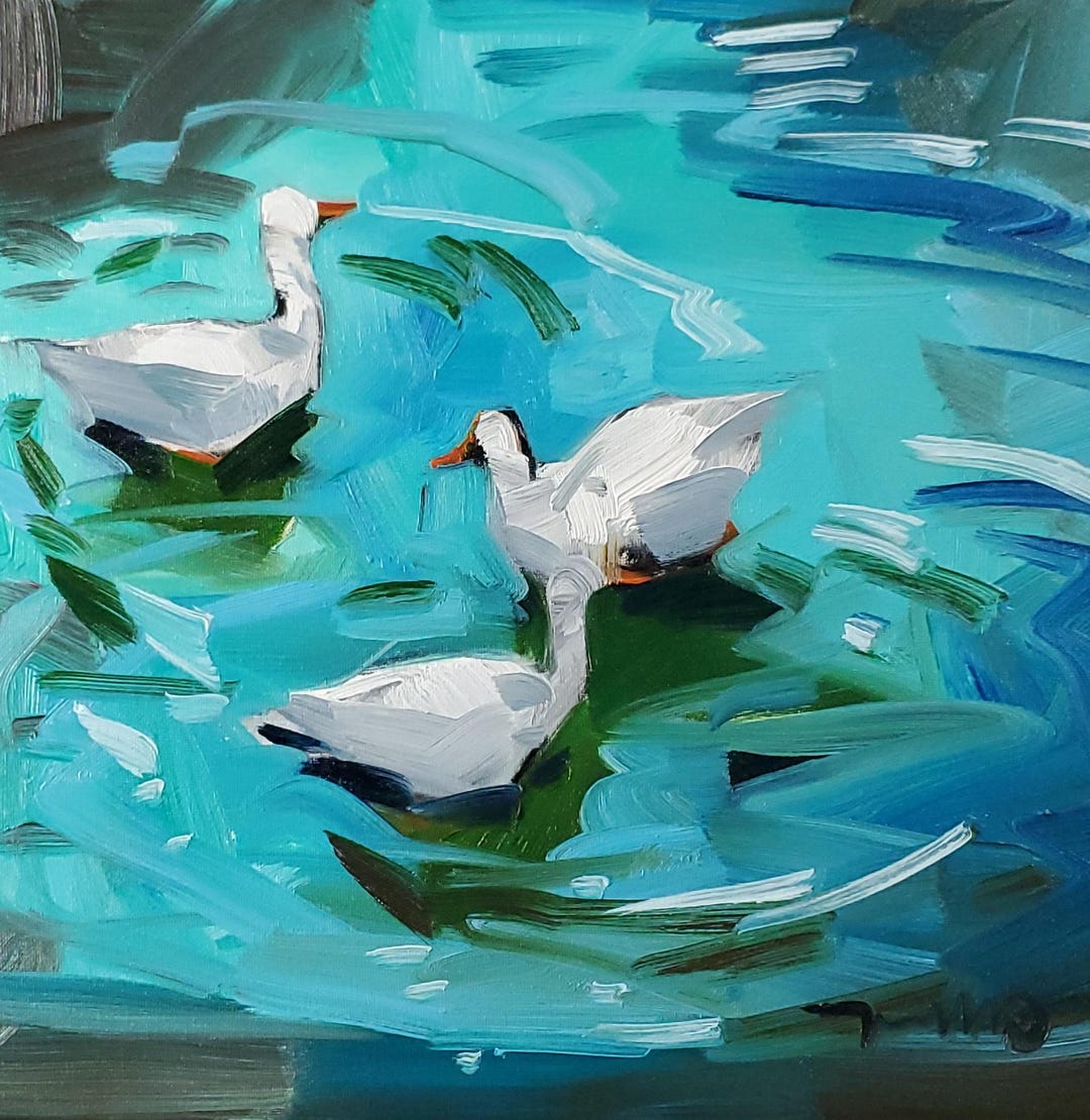Jose Trujillo Large 16x16" Canvas Print Impressionist Ducks in Romantic Pond - Etsy
