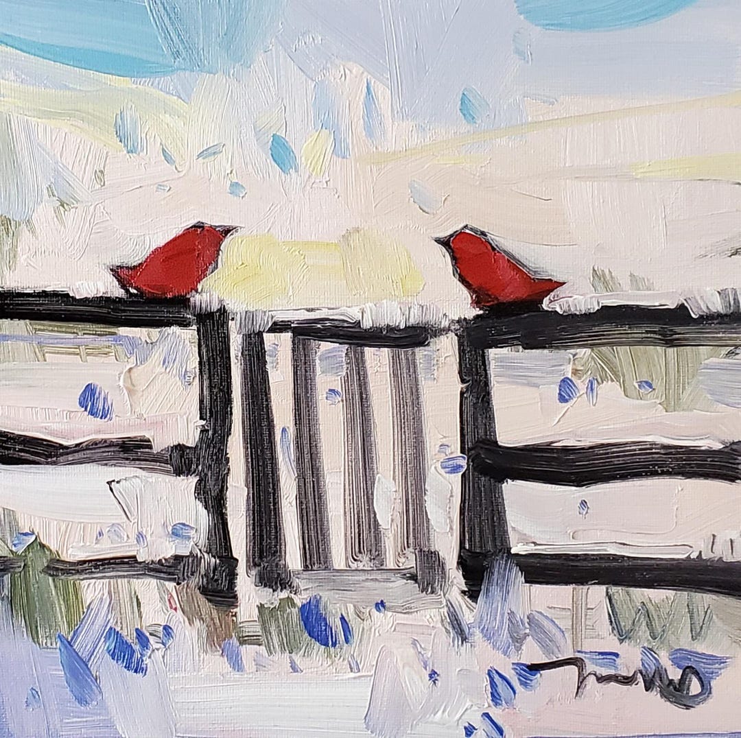 Winter Red Cardinals Farm Gate Art PRINT of Oil Painting by Artist Jose ...