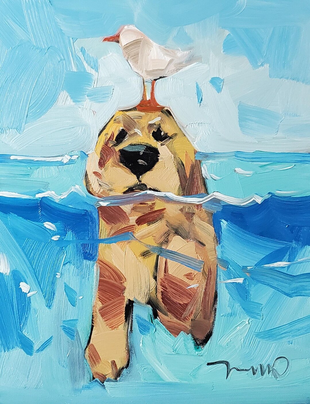 Dog Swimming Seagull Art PRINT of Painting by Contemporary Artist Jose ...