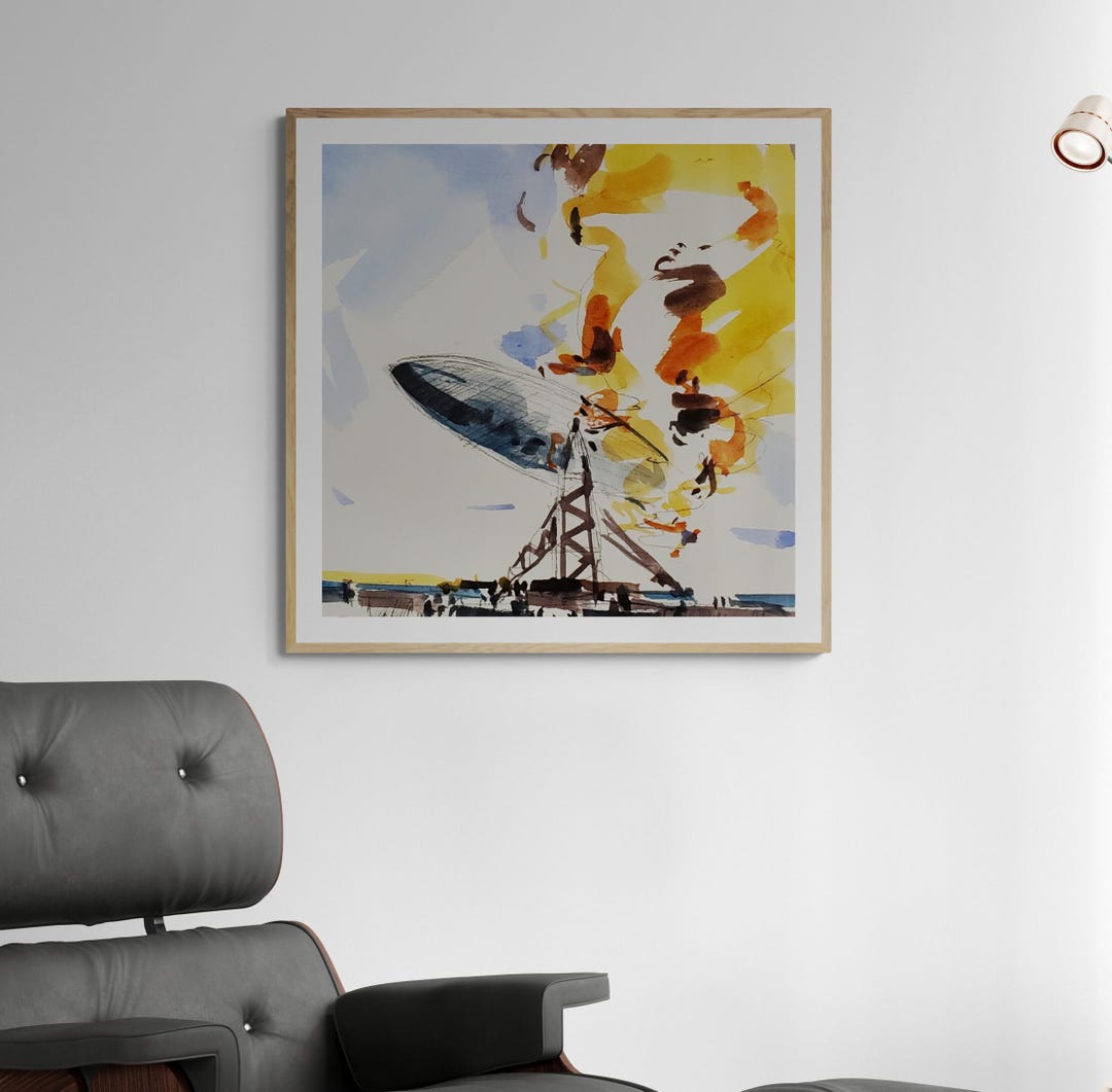 36x36 Lg Hindenburg Zeppelin on Fire Art PRINT of a Watercolor Painting ...