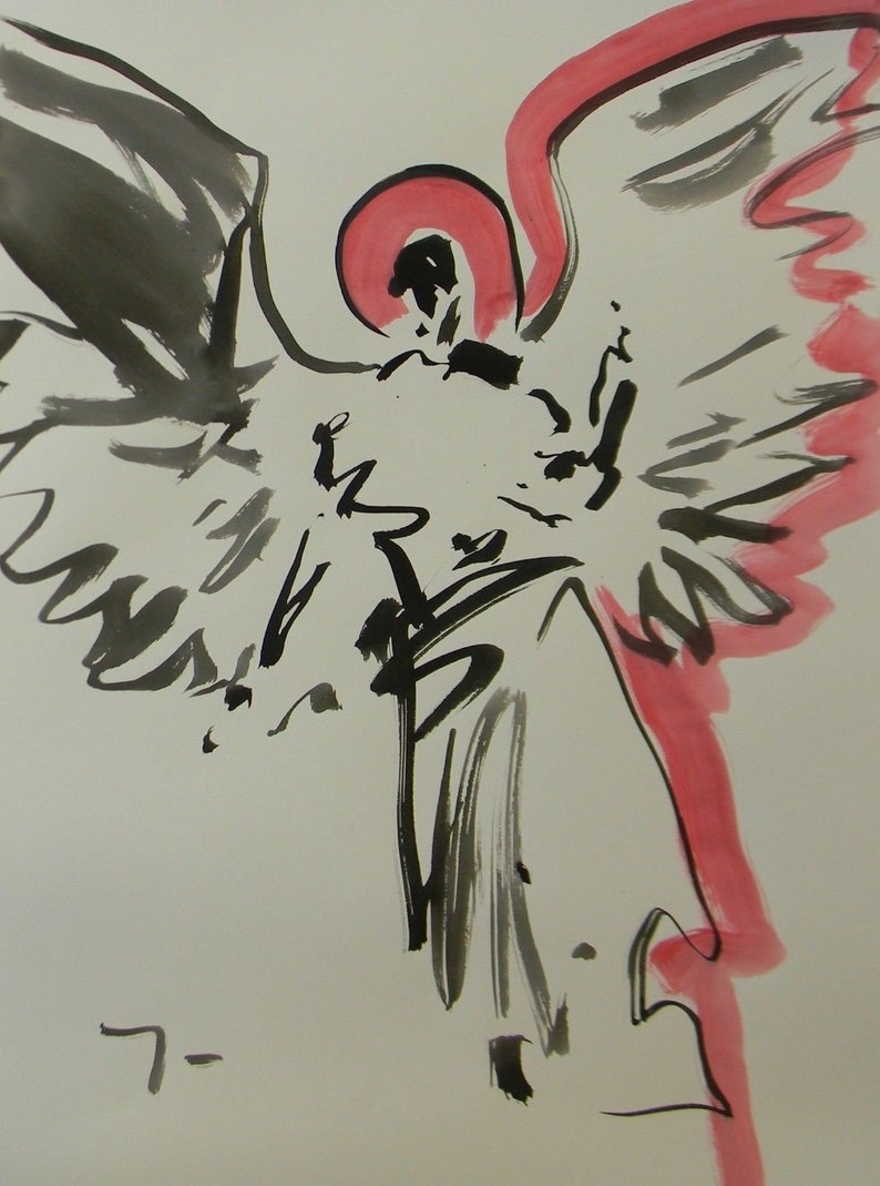 Jose Trujillo Modern Abstract Expressionist Ink Wash Red Angel ...