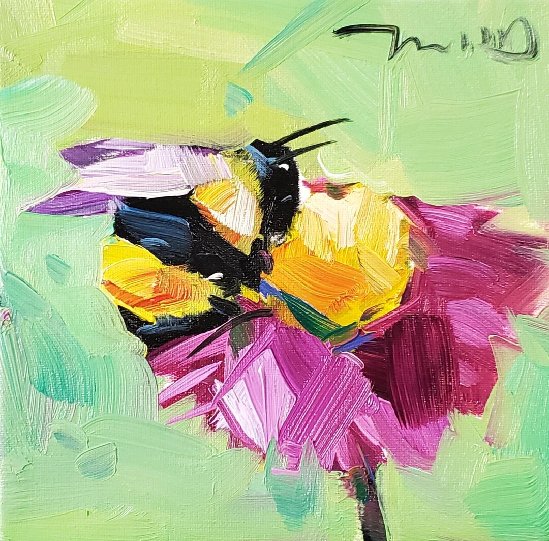 Bumblebee Pink Flower Colorist Canvas Art PRINT of Painting by Artist ...