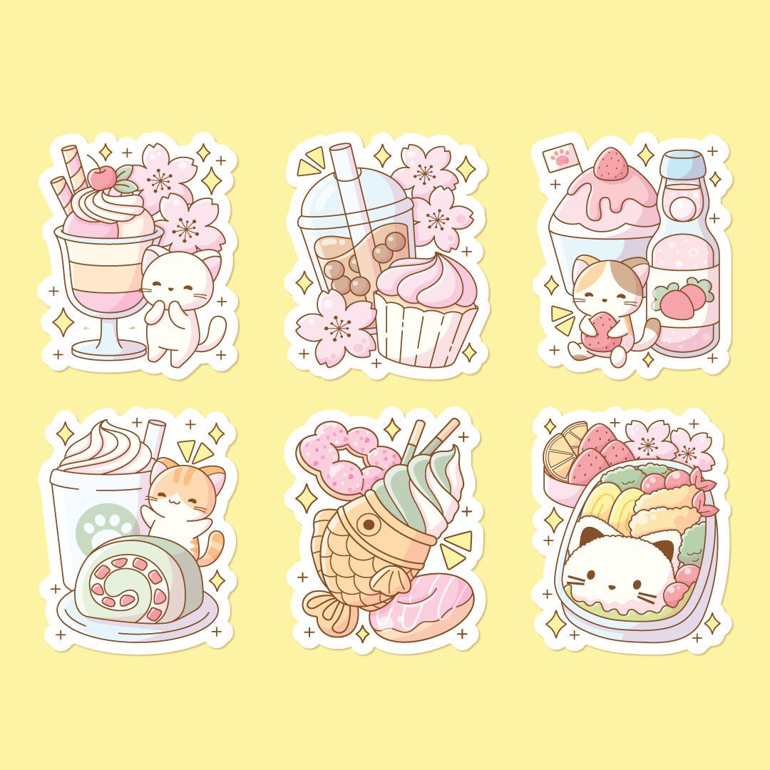 Kawaii Asian Snacks Vinyl Sticker Cute - Boba, Ice Cream, Cats, Taiyaki ...