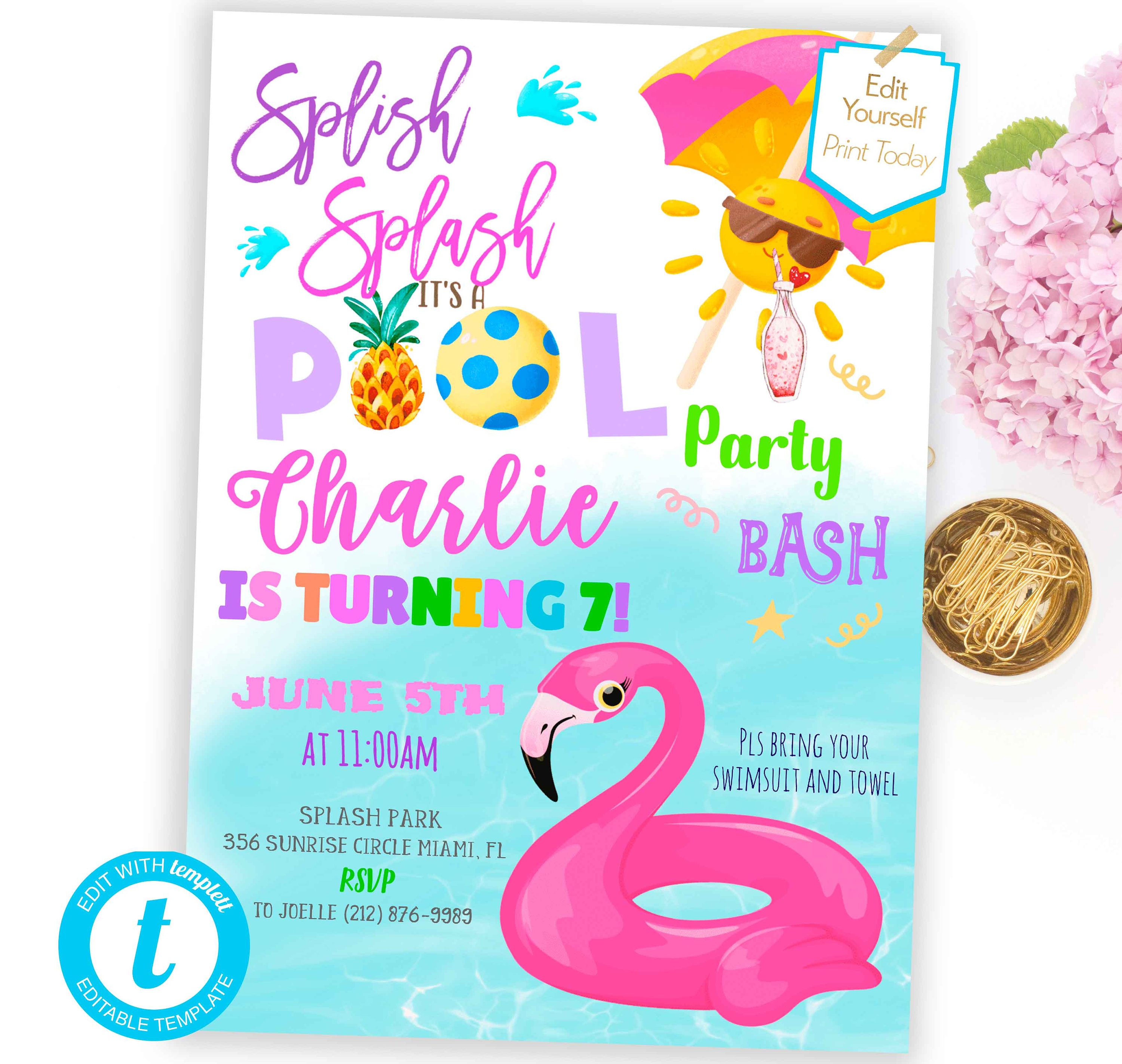 Flamingo Pool Birthday Invitation Girl Pool Party Invite Etsy