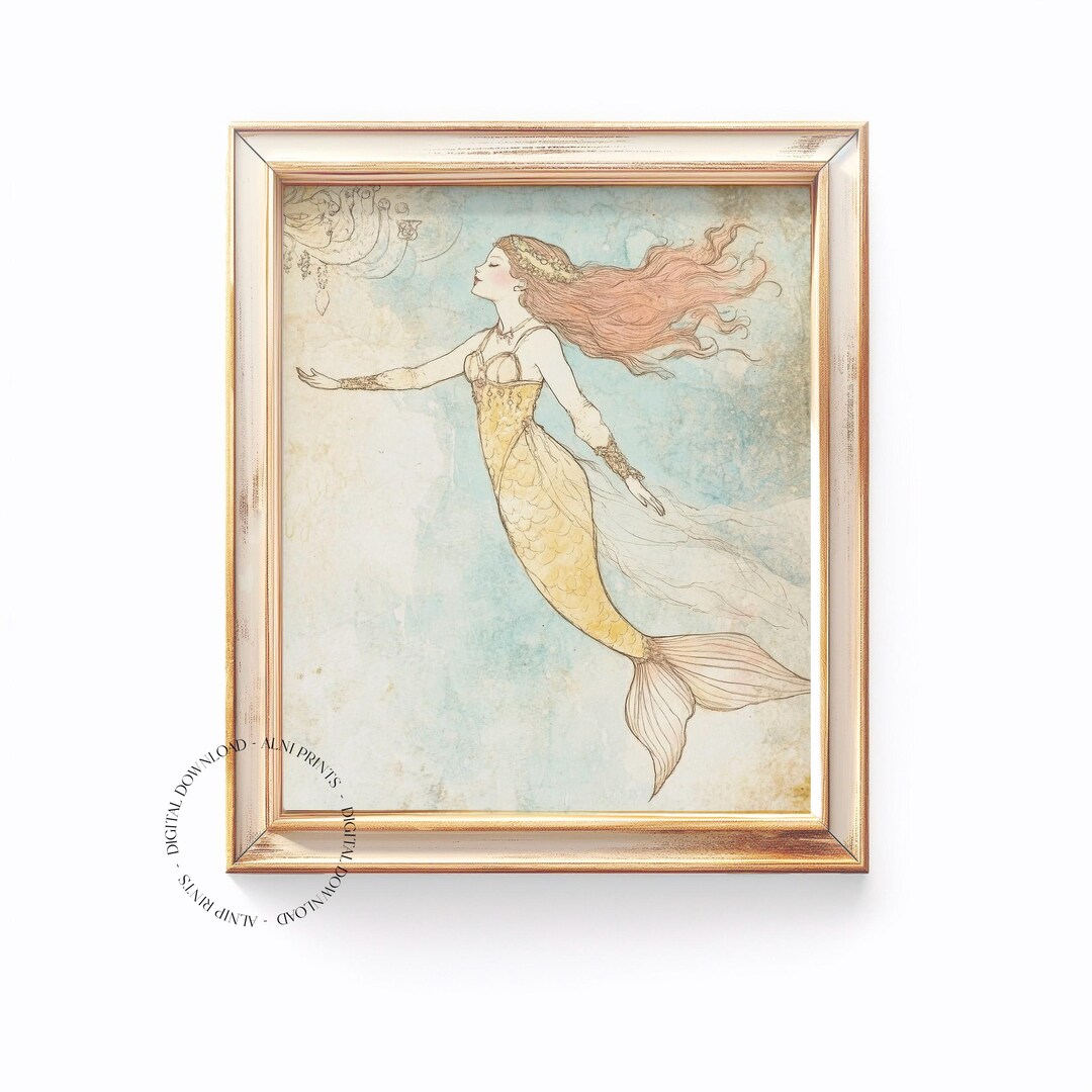 Vintage Mermaid Wall Art Print, Fantasy Ocean Nursery Decor, Whimsical ...