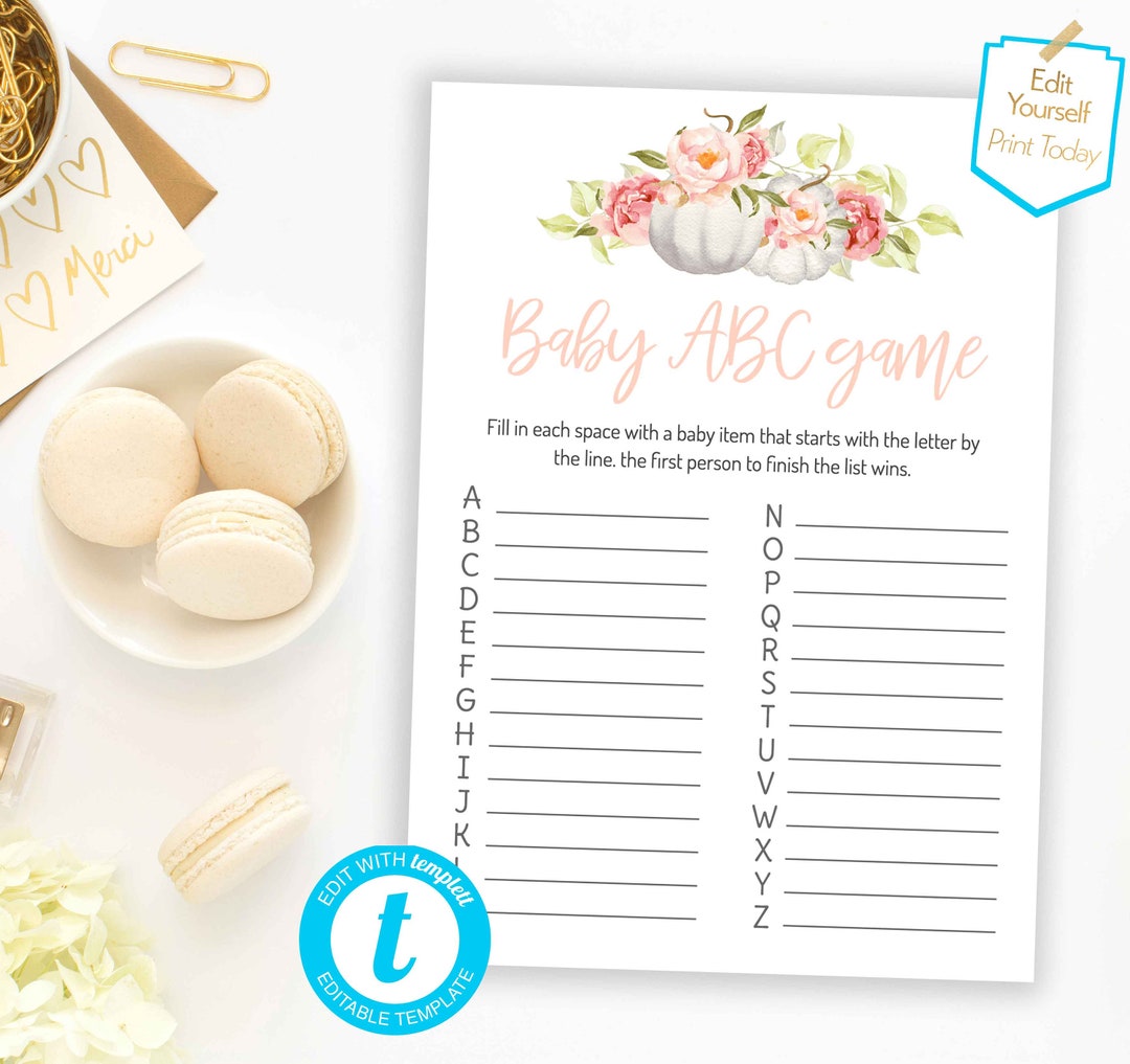 Printable Editable Baby Shower Game Baby ABC Floral Pumpkin Baby Shower ...