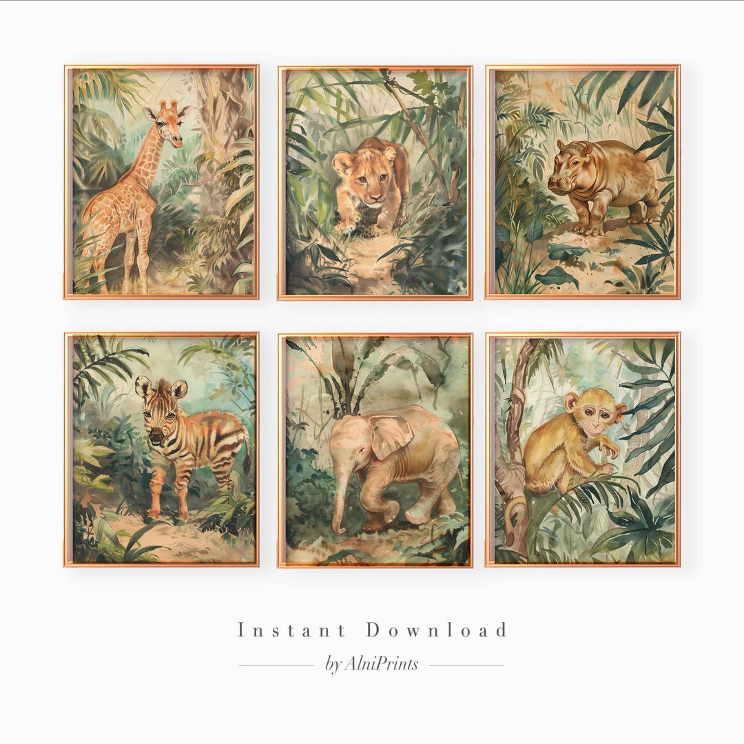 Safari Animals Nursery Gallery Wall Art, Cute Jungle Animals, Vintage ...