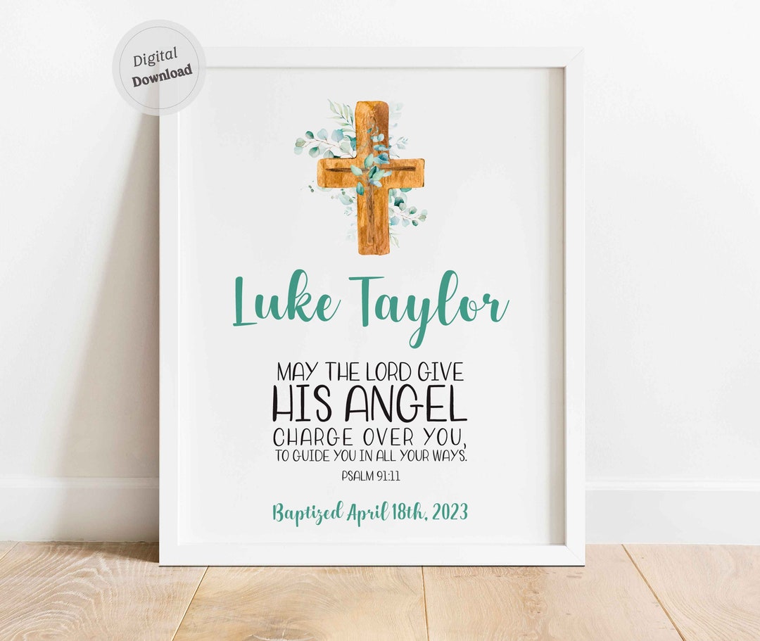 Baptism Boy Print Gift Personalized Psalm 91:11 Nursery Christening ...