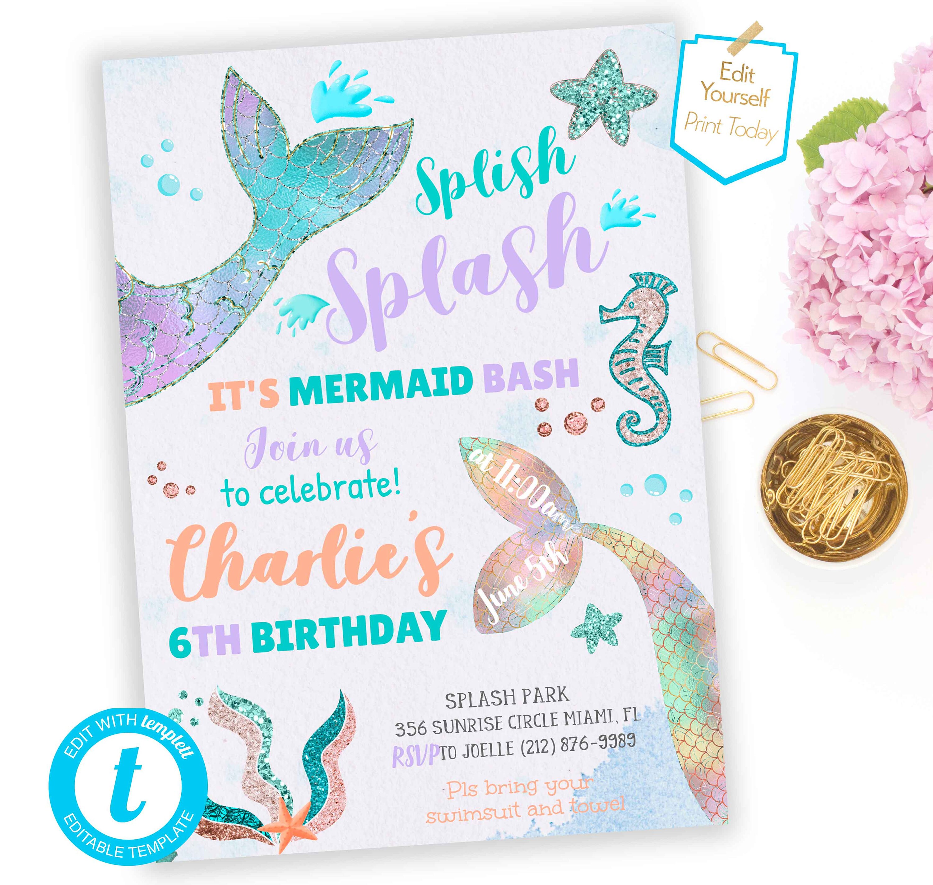 Paper & Party Supplies Paper Editable Splish Splash Drive-by Mermaid ...