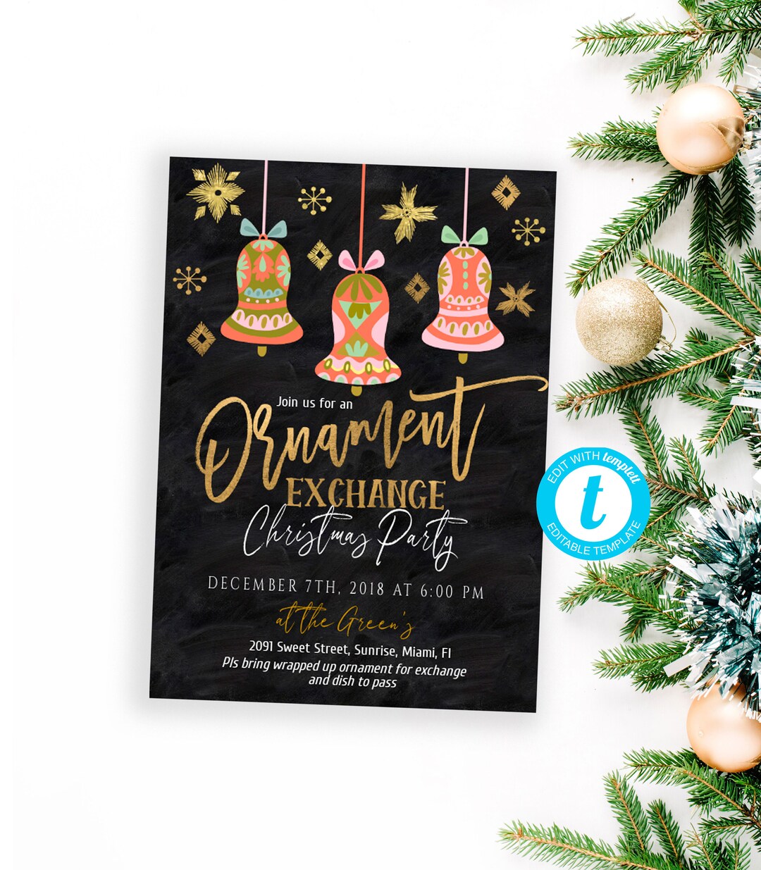 Work Holiday Party Invite Ornament Exchange Invitation Editable ...