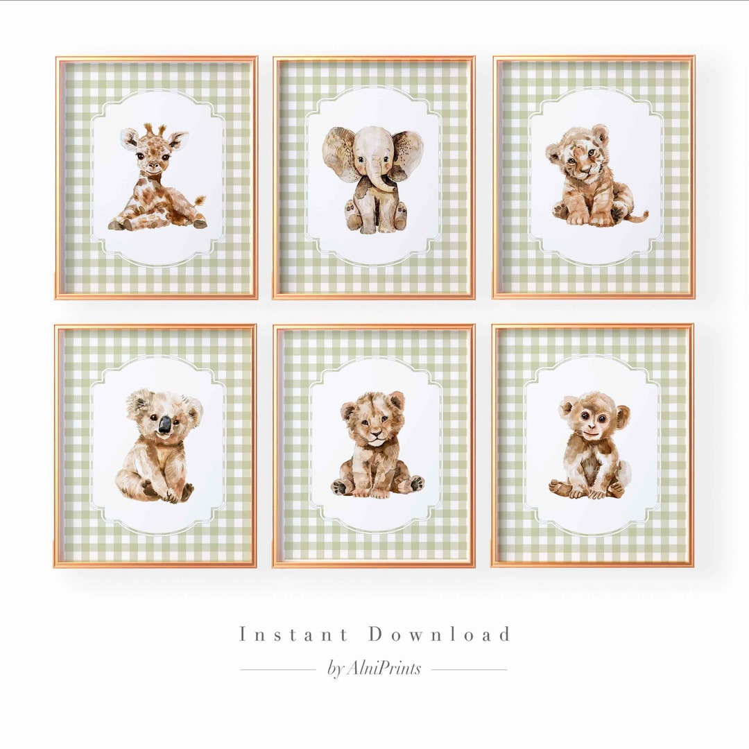 Safari Animals Nursery Gallery Wall Art, Sage Green Gingham, Vintage ...
