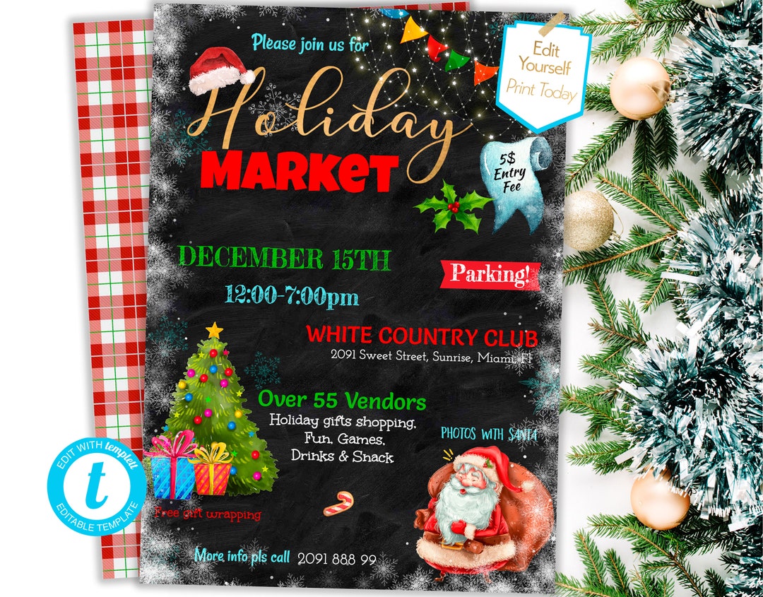 Holiday Market Poster Invitation Festival Christmas Flyer Editable ...