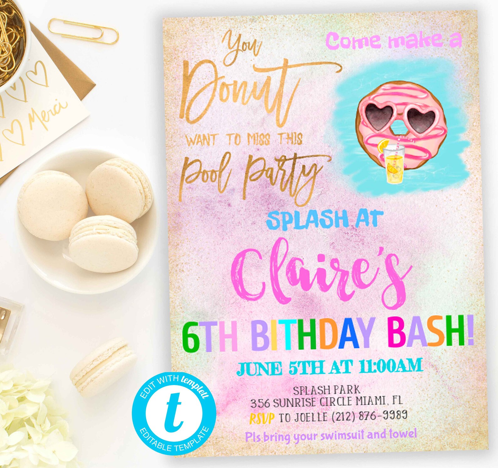 Download Dunk and Donuts Pool Party Invitation Girl Donuts | Etsy