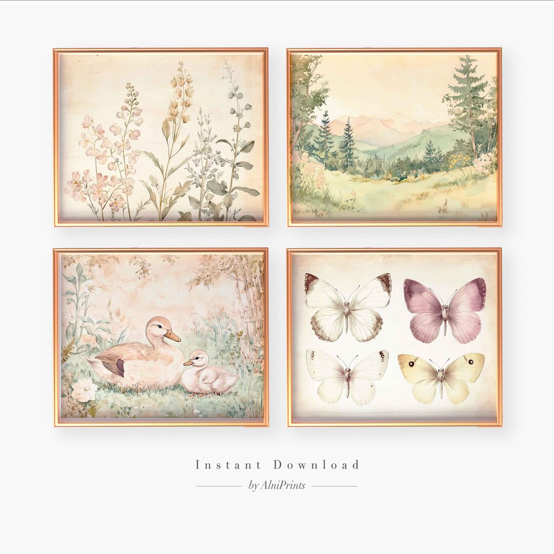 Cottagecore Wall Art, Vintage Whimsical Nature Art, Wildflowers, Duck ...