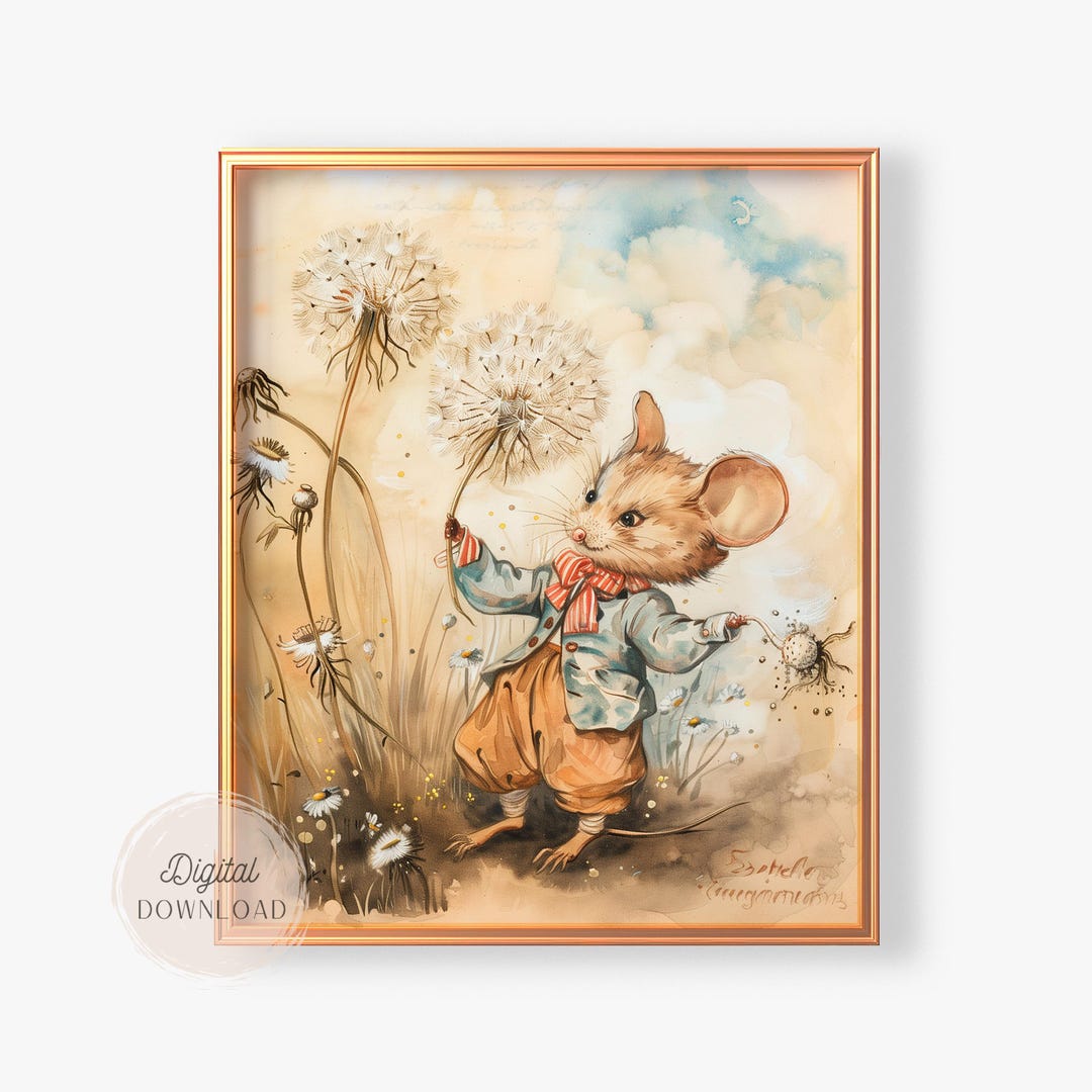 Mouse Dandelion Storybook Nursery Print: Vintage Watercolor Art ...