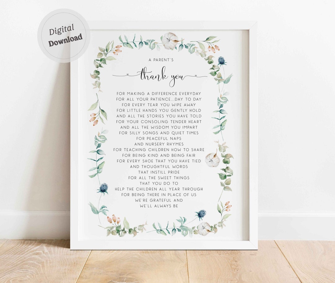 A Parents Thank You Printable Download Teaching Wall Art Printable Gift ...
