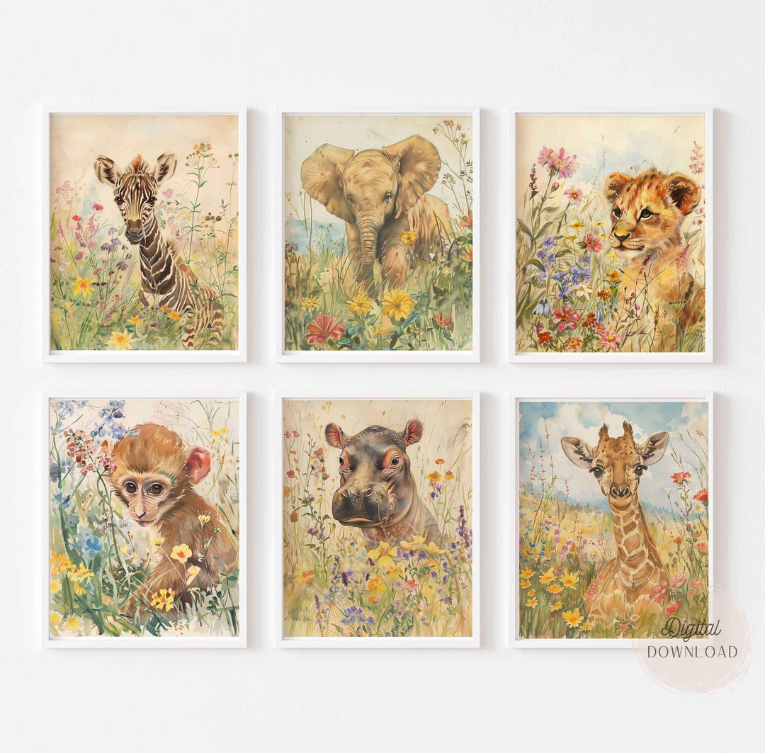 Vintage Safari Animals Nursery Prints: Retro Wildflower Decor (set of 6 ...