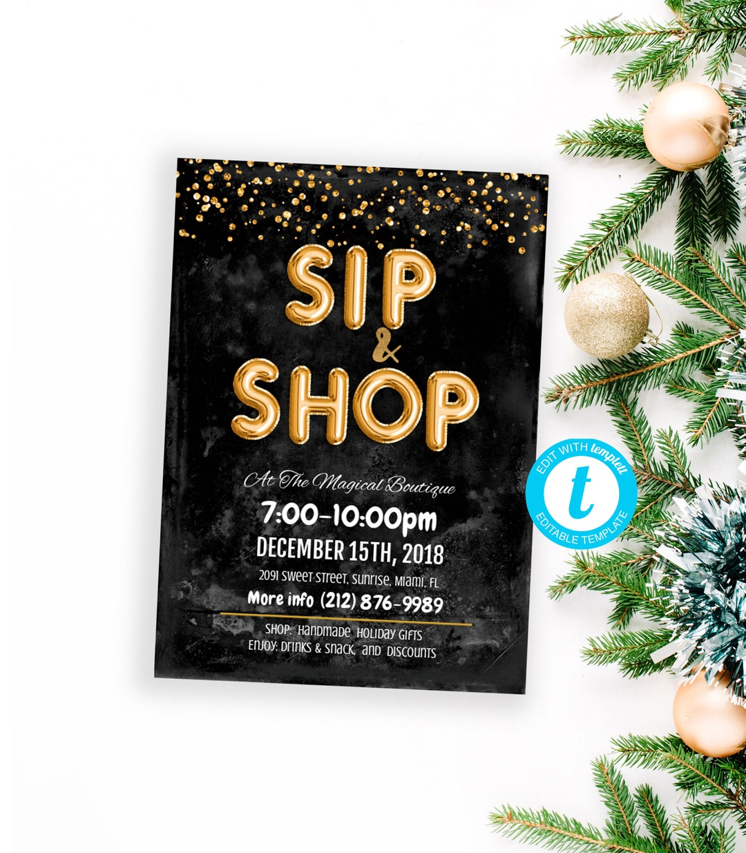 Sip and Shop Template Holiday Invite Gold Christmas Boutique Invite ...