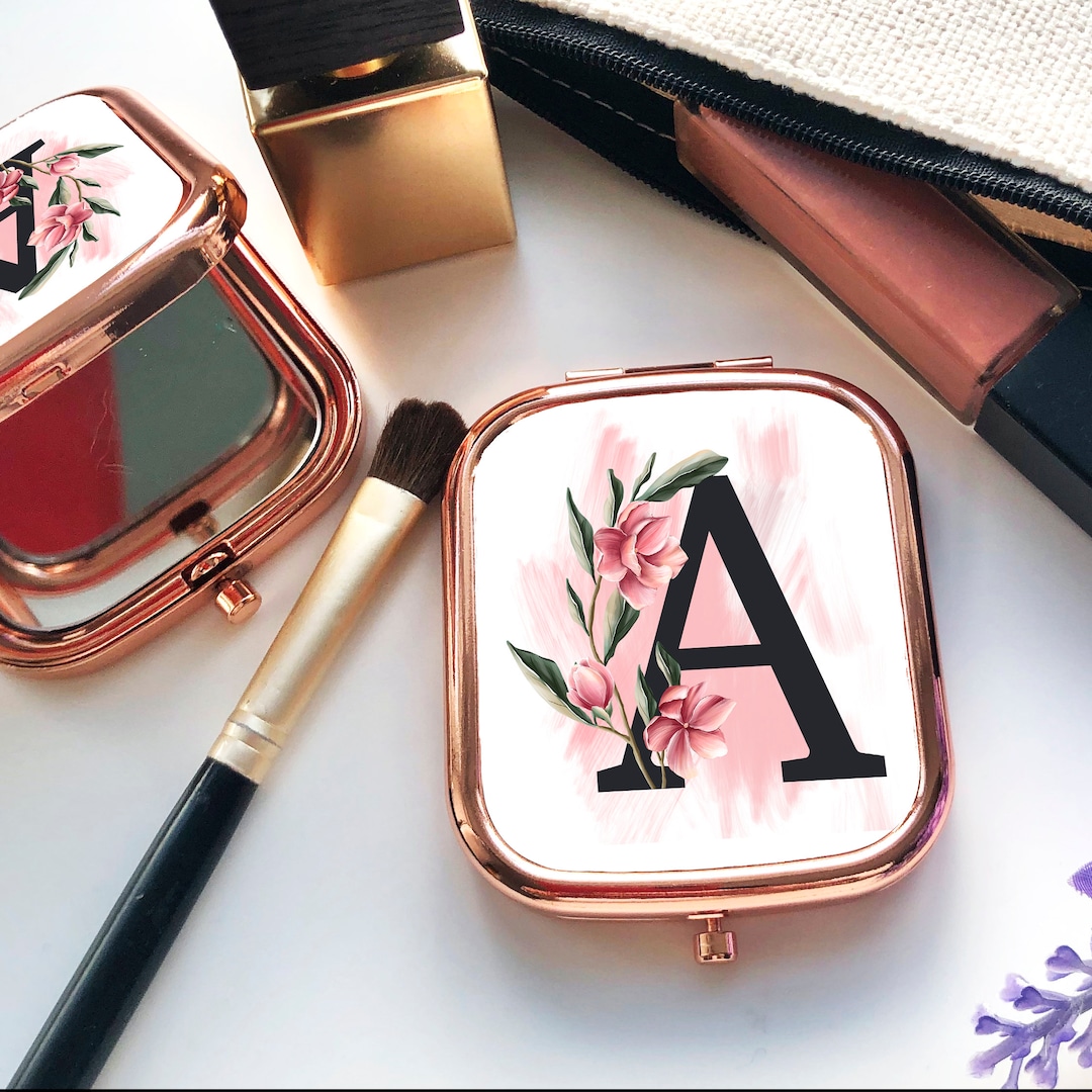 Personalised Compact Mirror, Floral Initial, Gift for Bridal Party ...