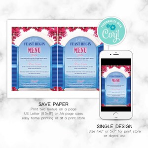 Mediterranean Style Party Menu, Editable Party Menu, Printable Menu Template, Greek Party ...