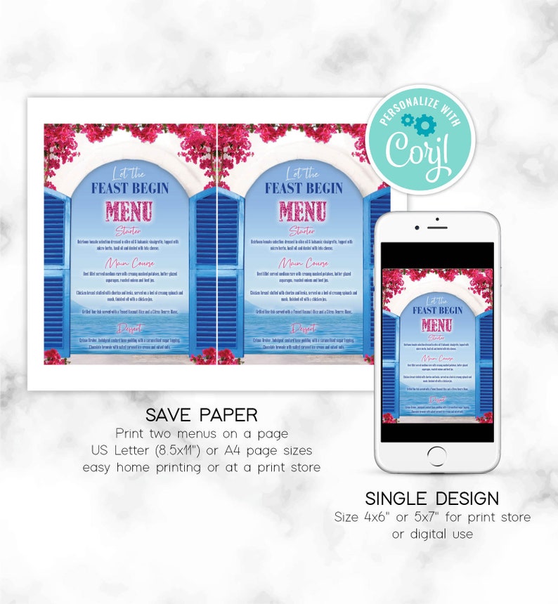 Mediterranean Style Party Menu Editable Party Menu Printable - Etsy