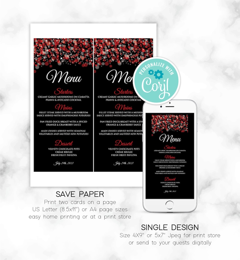 Red and Black Birthday Menu, Red and Silver Menu, Red and Black Party ...