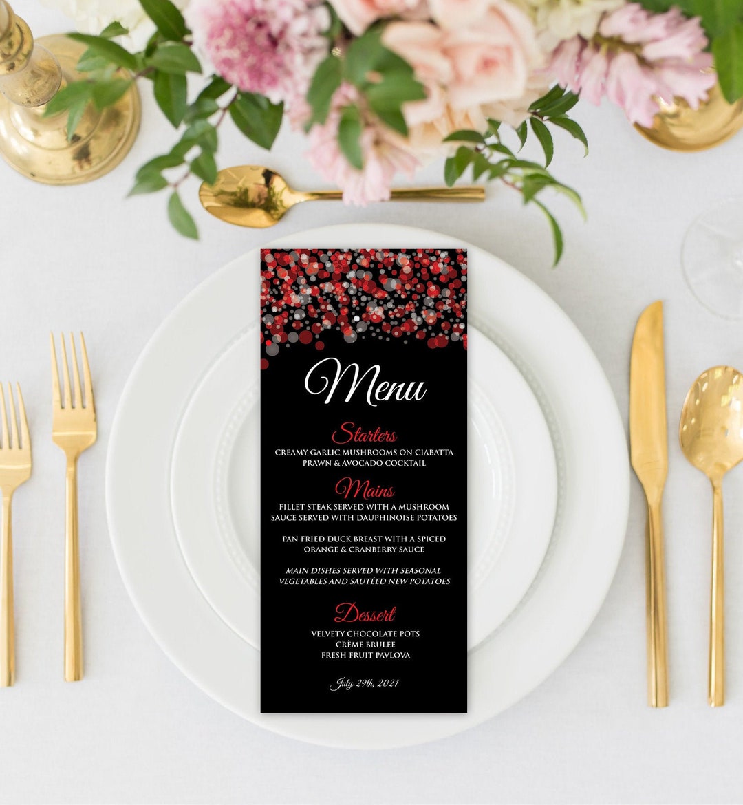 Red and Black Birthday Menu, Red and Silver Menu, Red and Black Party ...