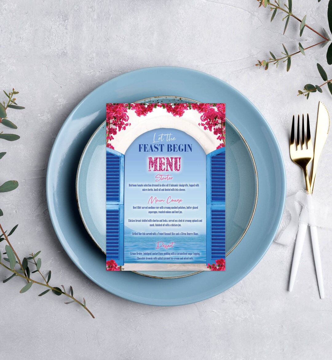 Mediterranean Style Party Menu, Editable Party Menu, Printable Menu ...