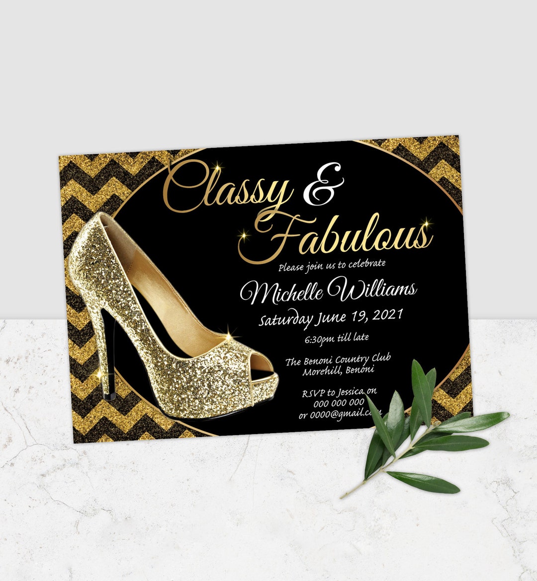 Classy & Fabulous Invitation, Sparkle Heel Birthday Invitation, Gold ...